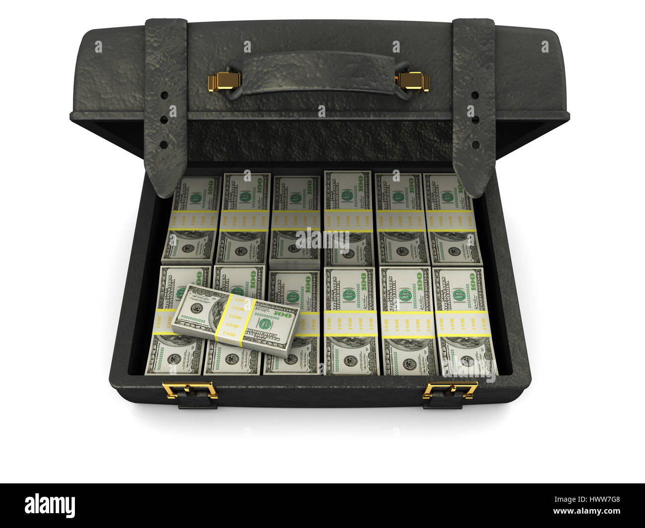 3d illustration of black leather case full of money, over white ...