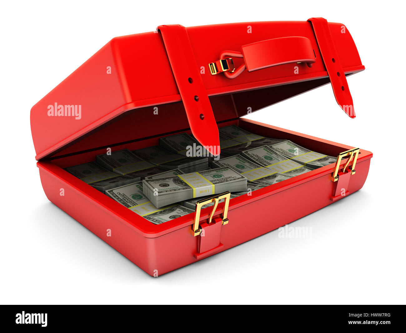3d illustration of red case full of money banknotes, over white ...