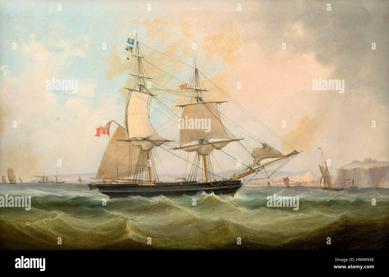 This image depicts a merchant brig, a type of sailing ship, navigating ...