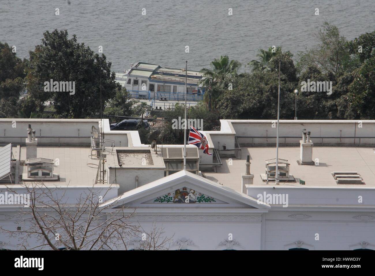 Cairo. 23rd Mar, 2017. British national flag flies at half-mast at the ...