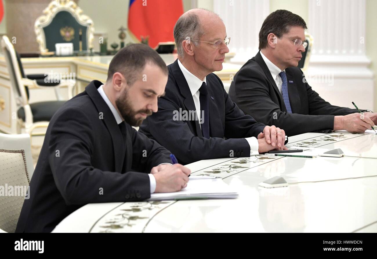 Moscow, Russia. 23rd March 2017. BASF Group CEO Kurt Bock, center, and ...