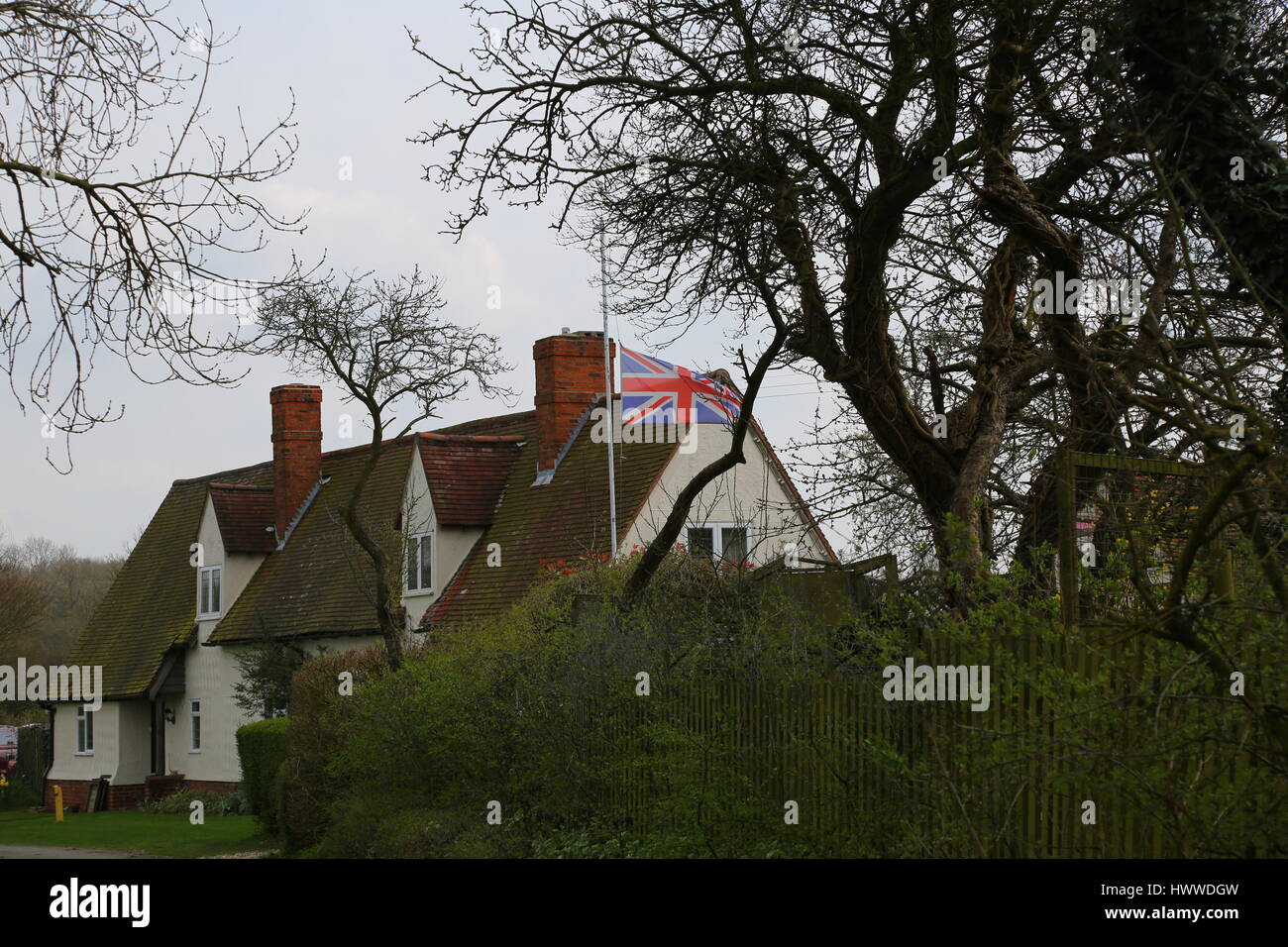 Chrishall, Essex. 23rd March, 2017. The union flag at half mast outside ...