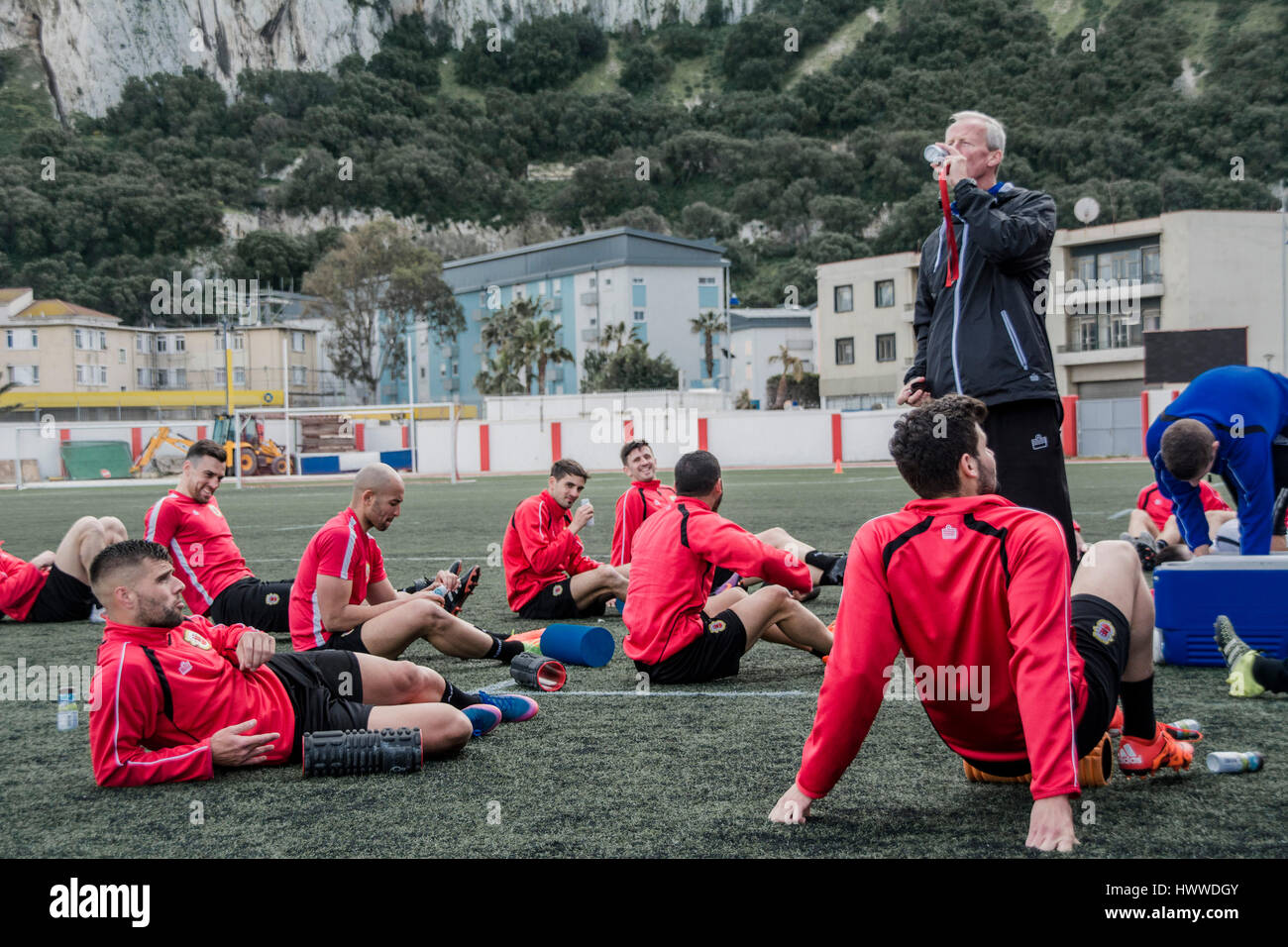 Gibraltar – 23rd March 2017 – The Gibraltar national squad rest after a ...
