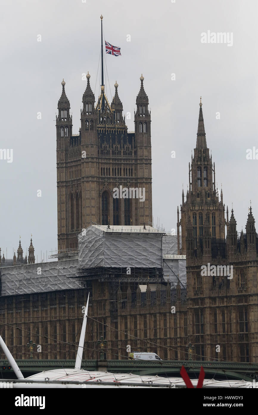 Westminster, London, UK 23 Mar 2017- Union Jack at half mask on the ...