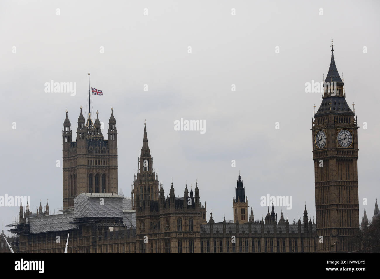 Westminster, London, UK 23 Mar 2017- Union Jack at half mask on the ...