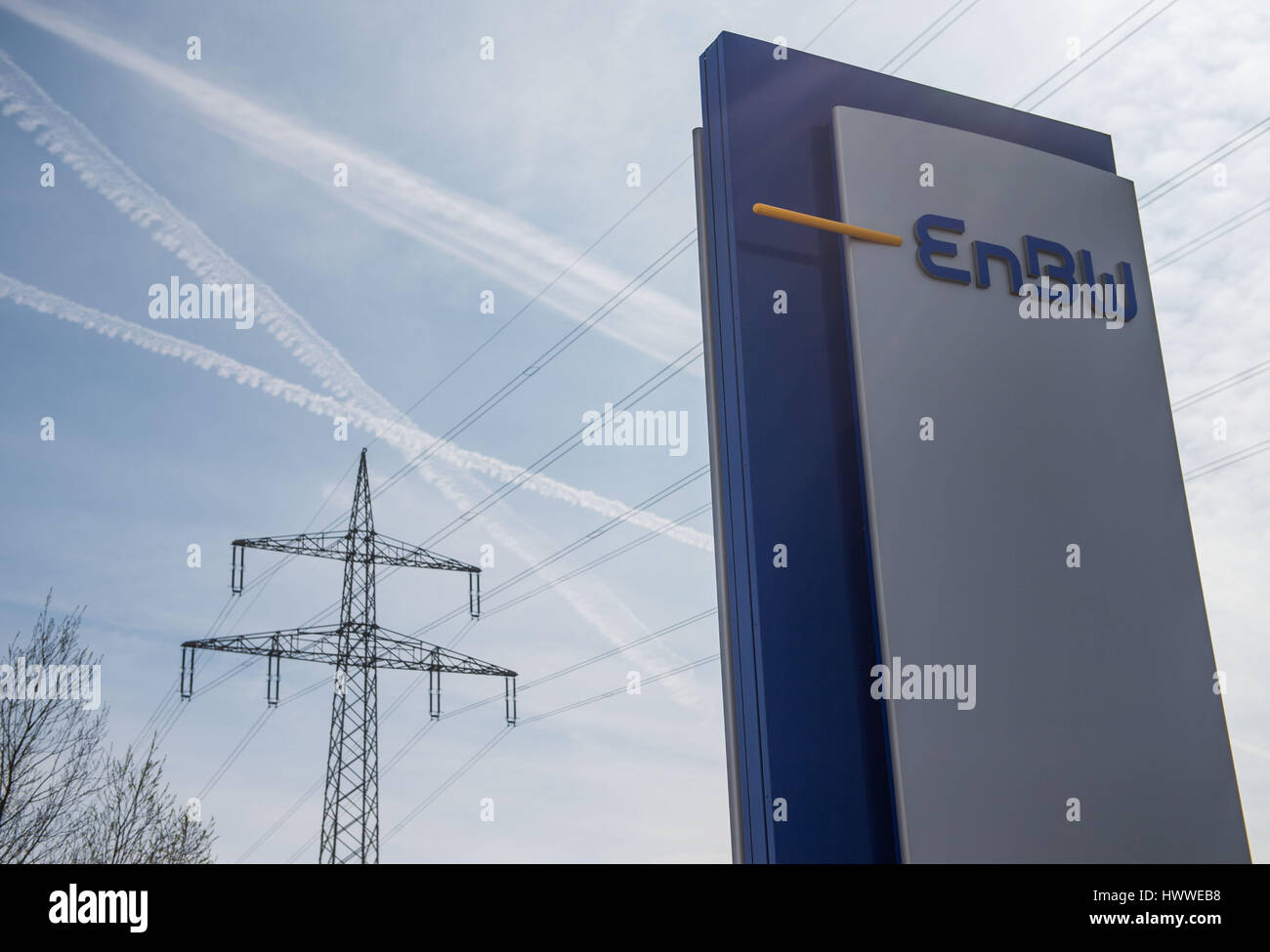 The logo of energy supplier EnBW can be seen in front of the company ...