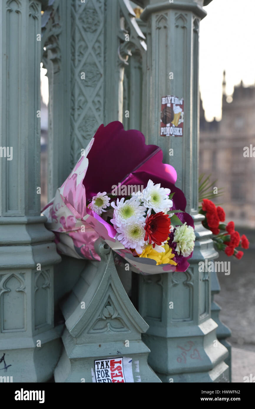 London, UK. 23rd Mar, 2017. Flowers on Westminster Bridge. Credit ...