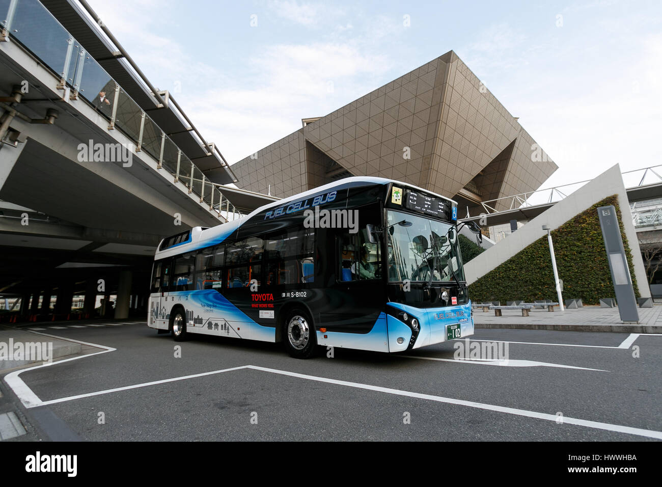 A hydrogen fuel cell bus is seen at Tokyo Big Sight on March 23, 2017 ...