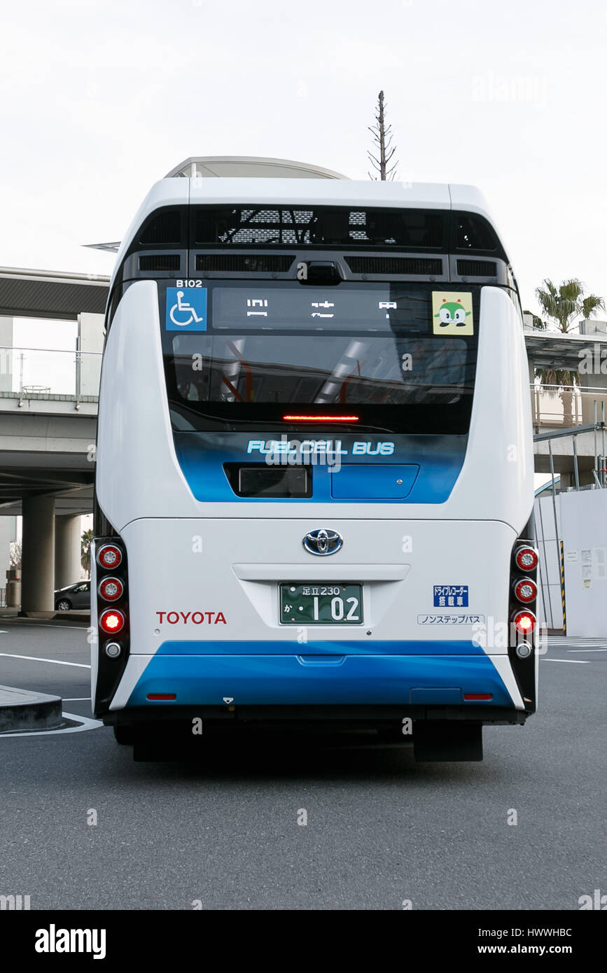 A hydrogen fuel cell bus is seen at Tokyo Big Sight on March 23, 2017 ...