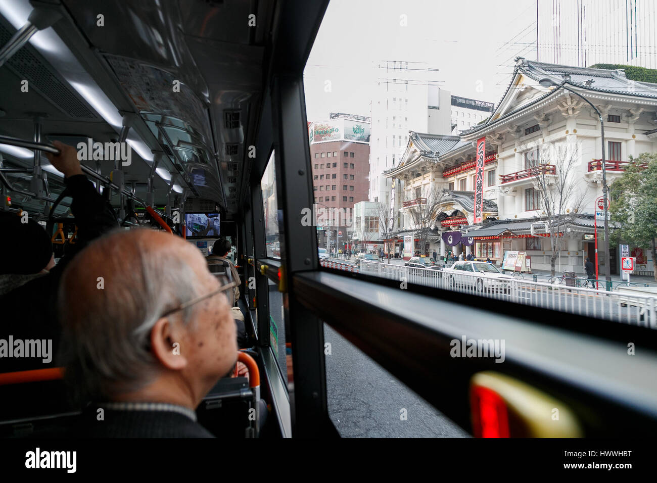 Passengers inside a hydrogen fuel cell bus on March 23, 2017, Tokyo ...