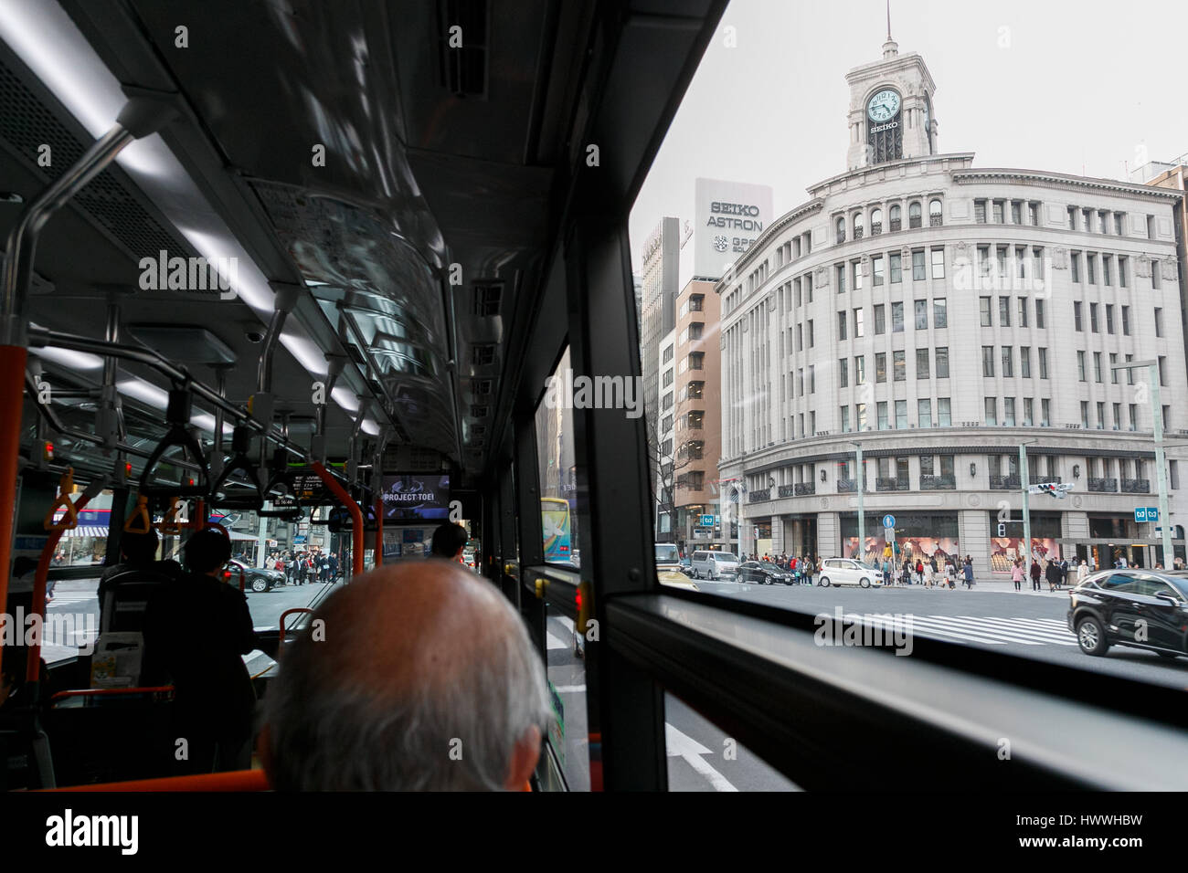 Passengers inside a hydrogen fuel cell bus on March 23, 2017, Tokyo ...