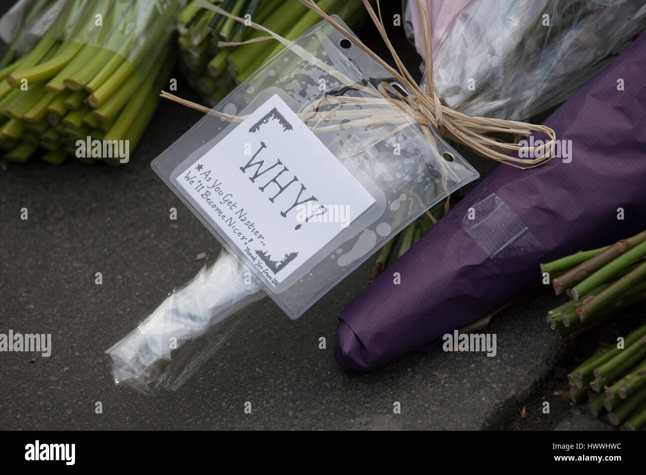 Flower tributes are left on the pavement on the edge of a police cordon ...