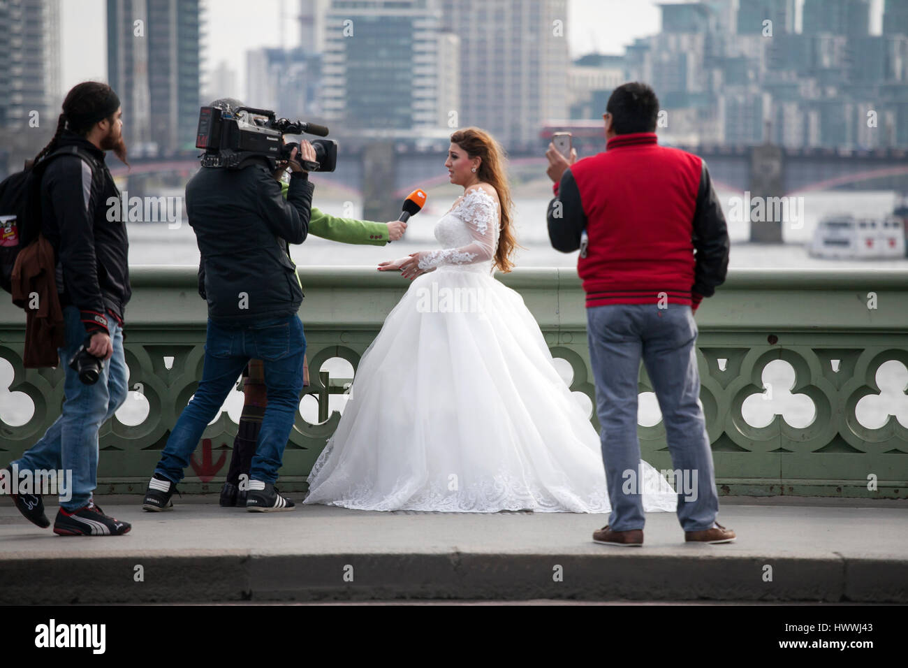 London, UK Thursday March 23, 2017 The bride is giving an interview on ...