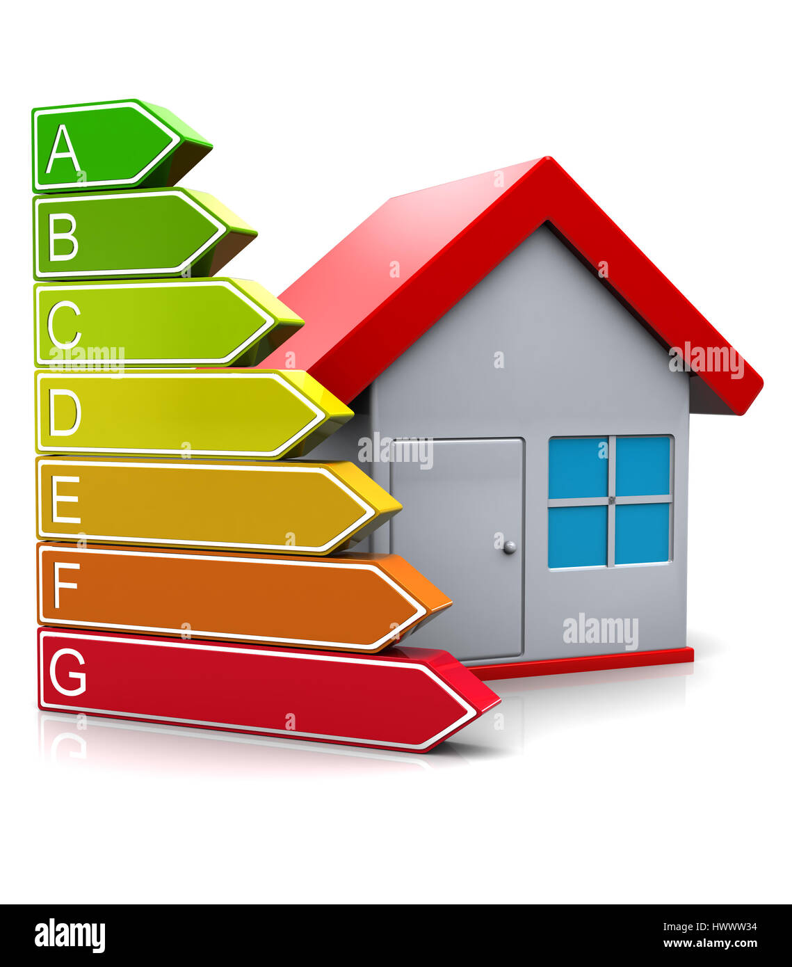 3d illustration of house and energy classification symbol, over white ...