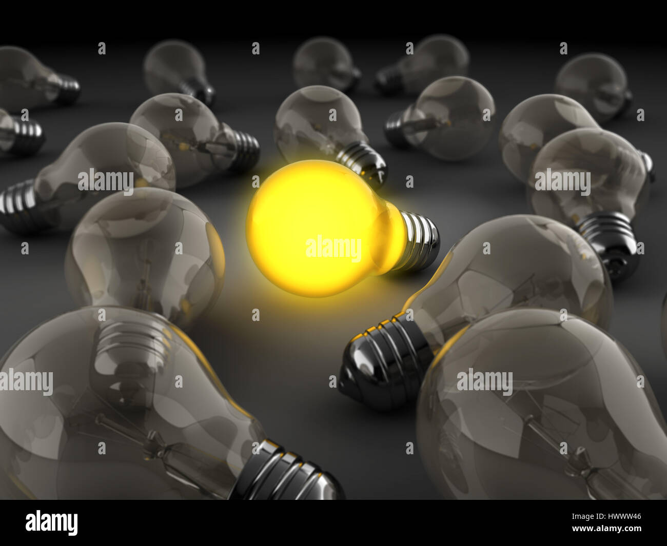 3d illustration of light bulbs crowd with one shining Stock Photo - Alamy