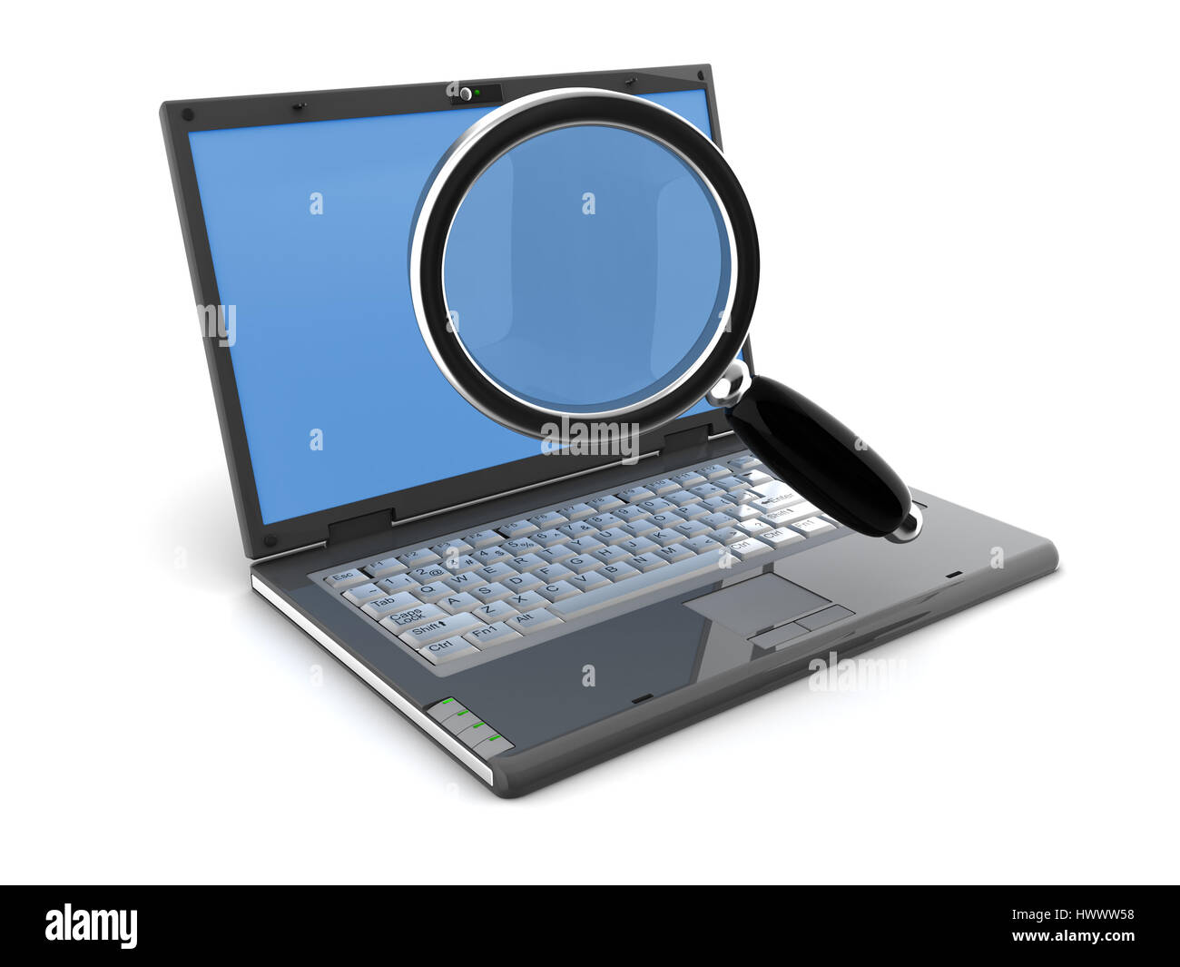 3d illustration of laptop computer and magnify glass Stock Photo - Alamy