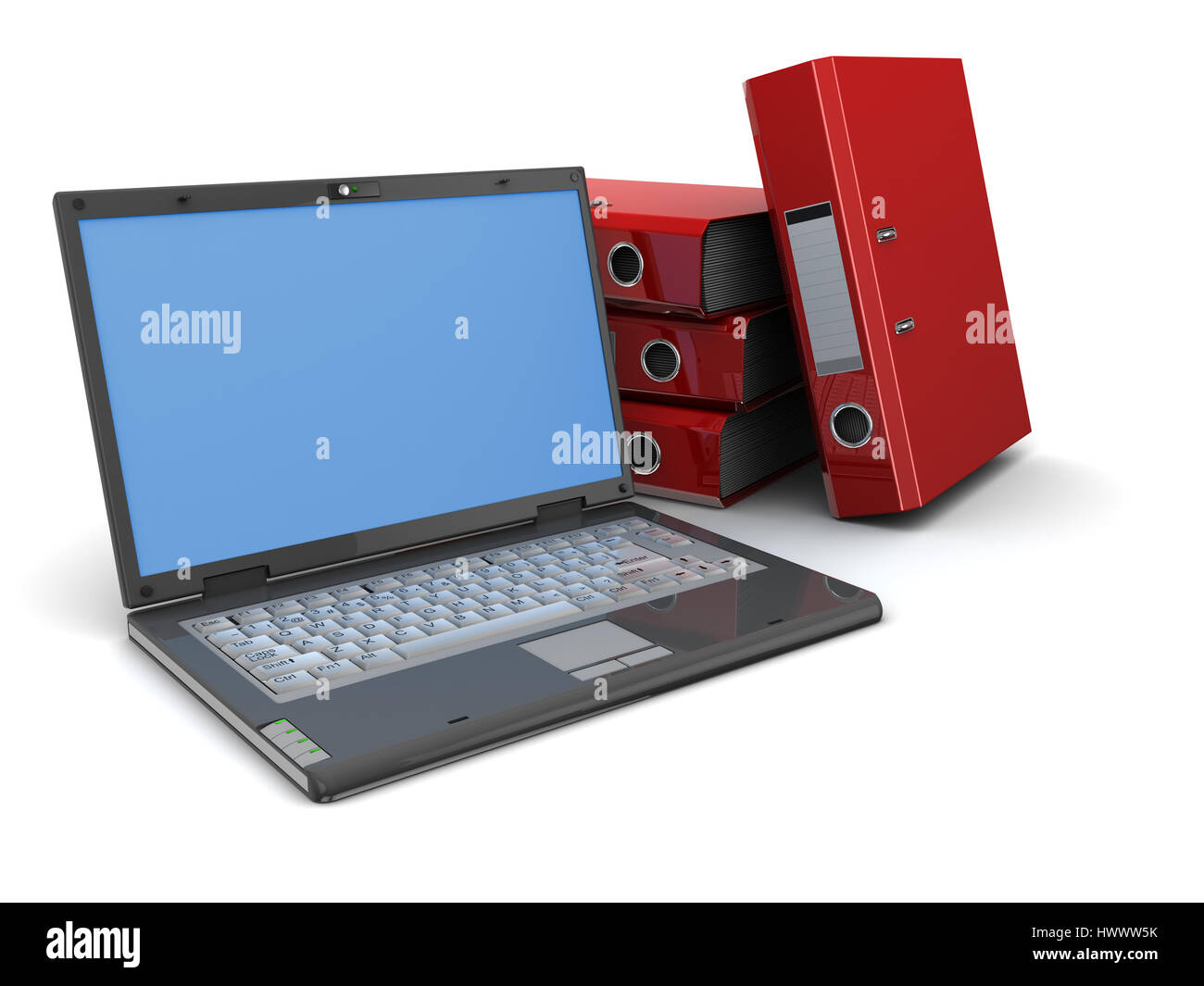 3d illustration of laptop and binder folders, archive data storage ...