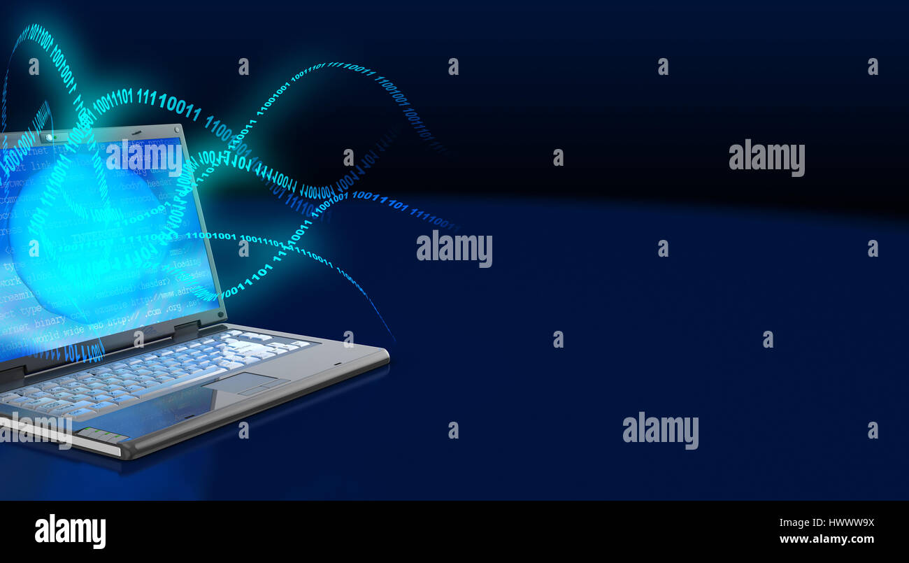 abstract 3d illustration of laptop computer with binary code ribbons ...