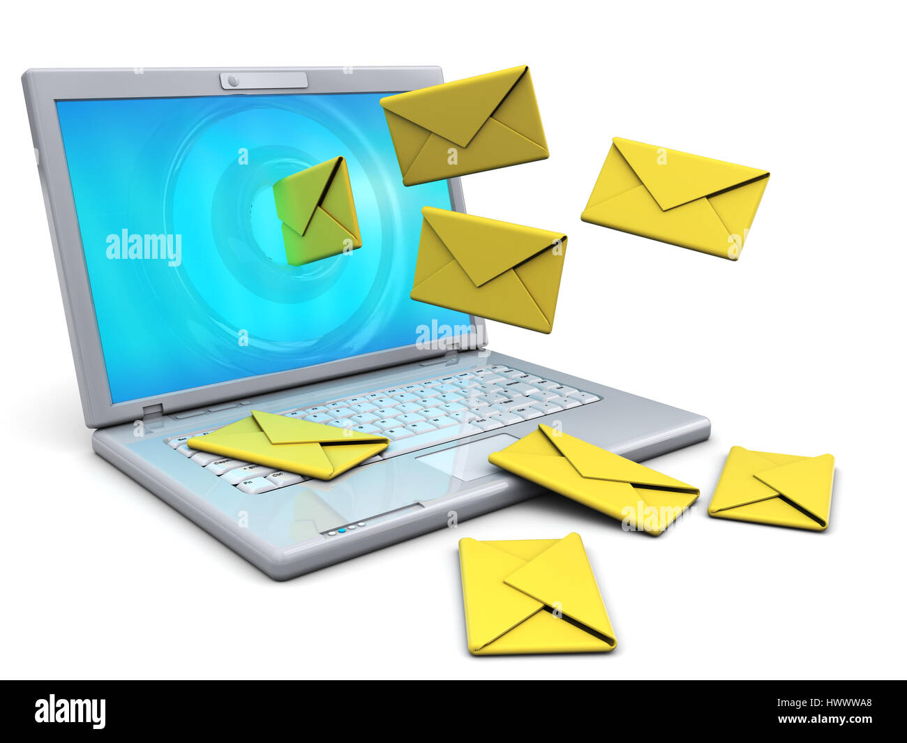 3d illustration of laptop computer with mail envelopes Stock Photo - Alamy