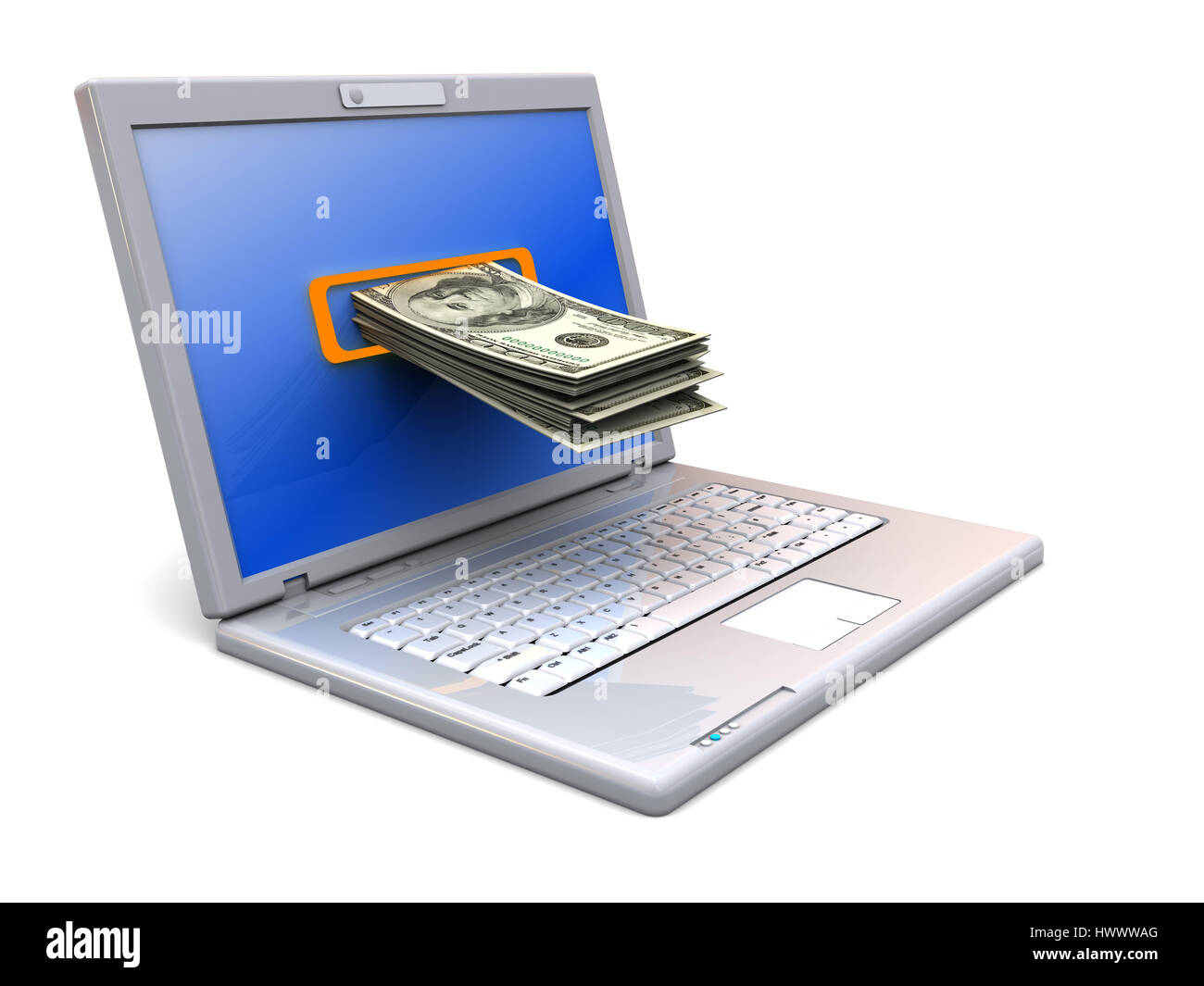 3d illustration of laptop computer with money stack in screen Stock ...