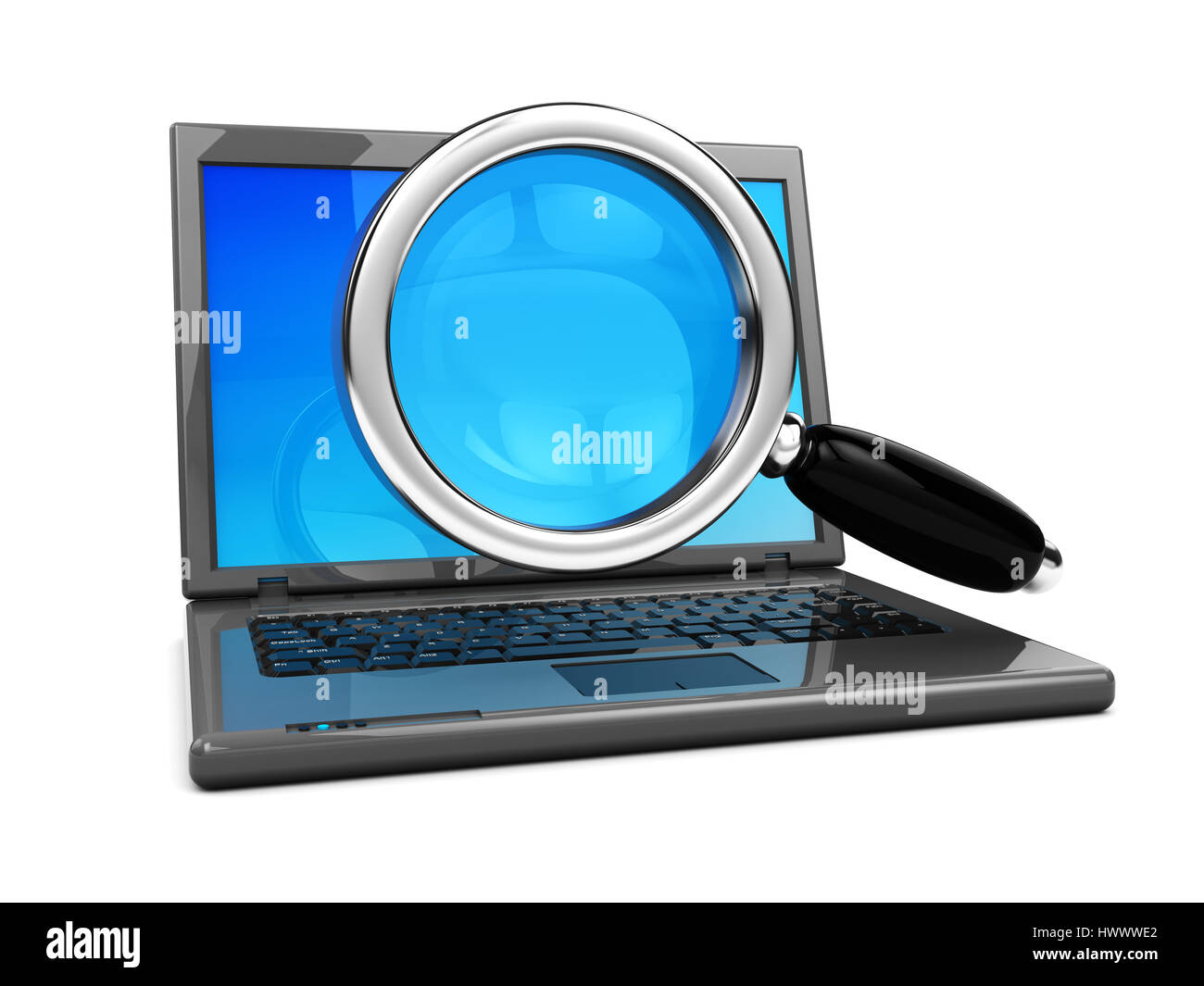 3d illustration of laptop computer with magnify glass, over white ...
