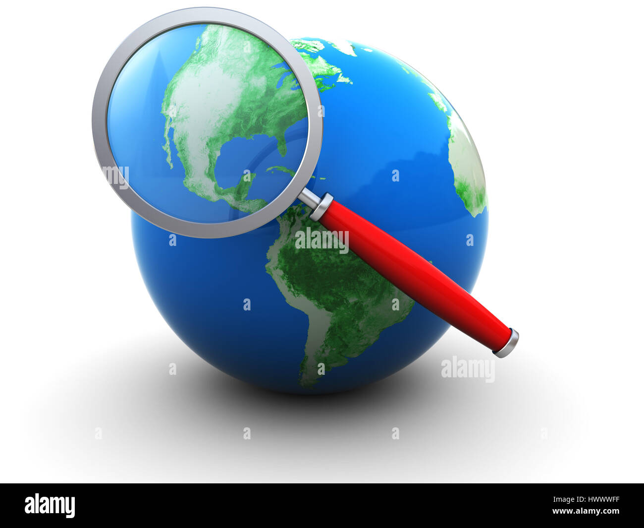 3d illustration of earth globe and magnify glass, over white background ...
