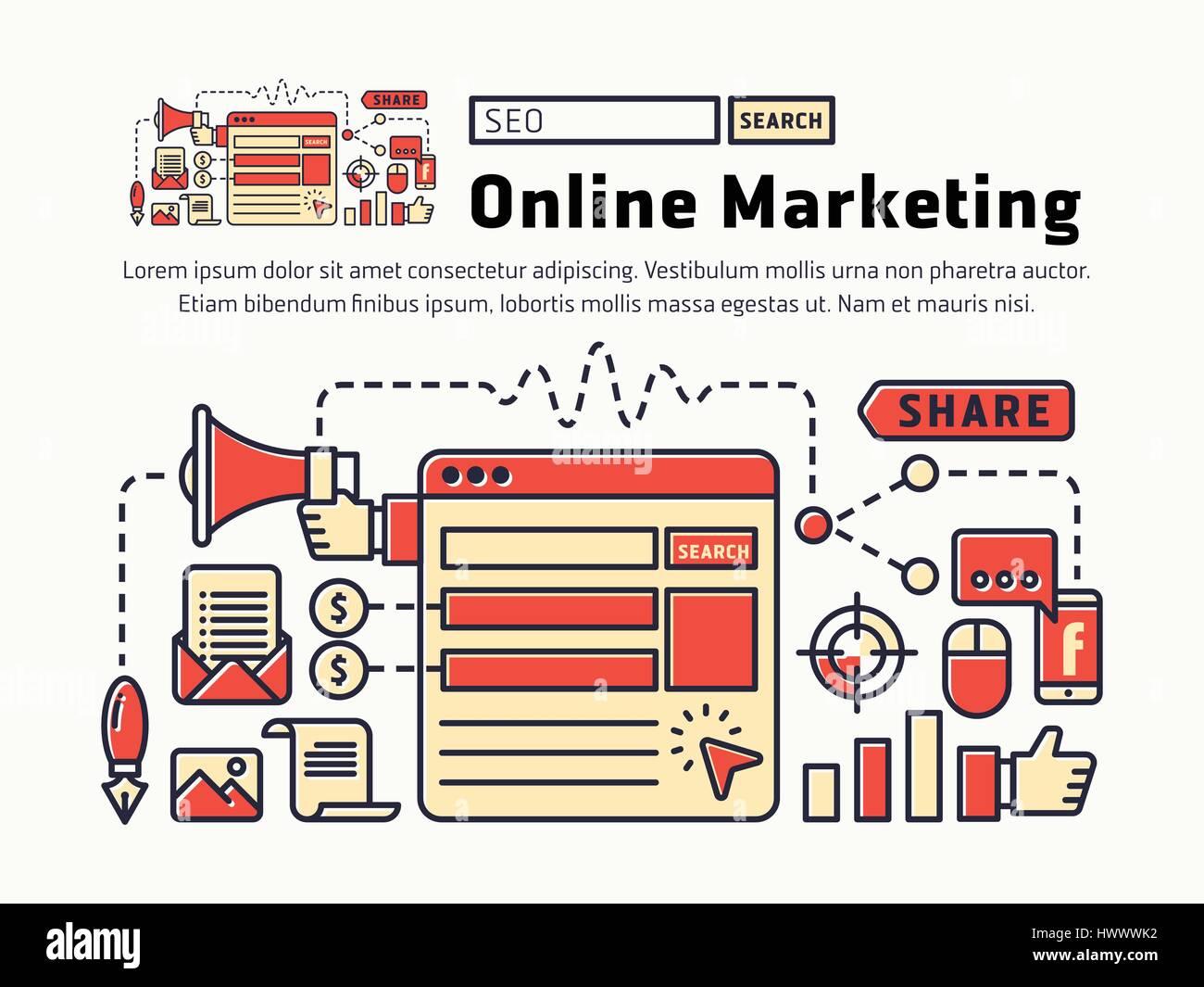 Online Marketing. Icons and symbols for web header, banner, page cover ...