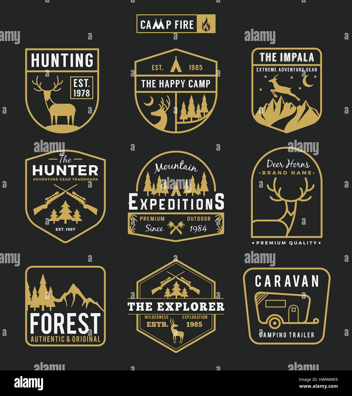 Set of camping outdoor and adventure gears badge logo, emblem logo ...