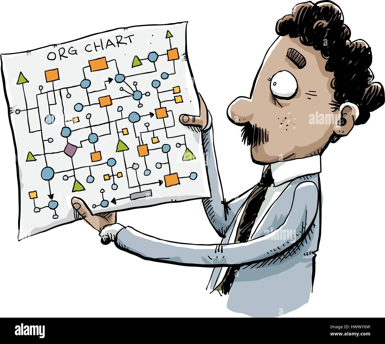 A cartoon office worker man holds a confusing, tangled org chart Stock ...
