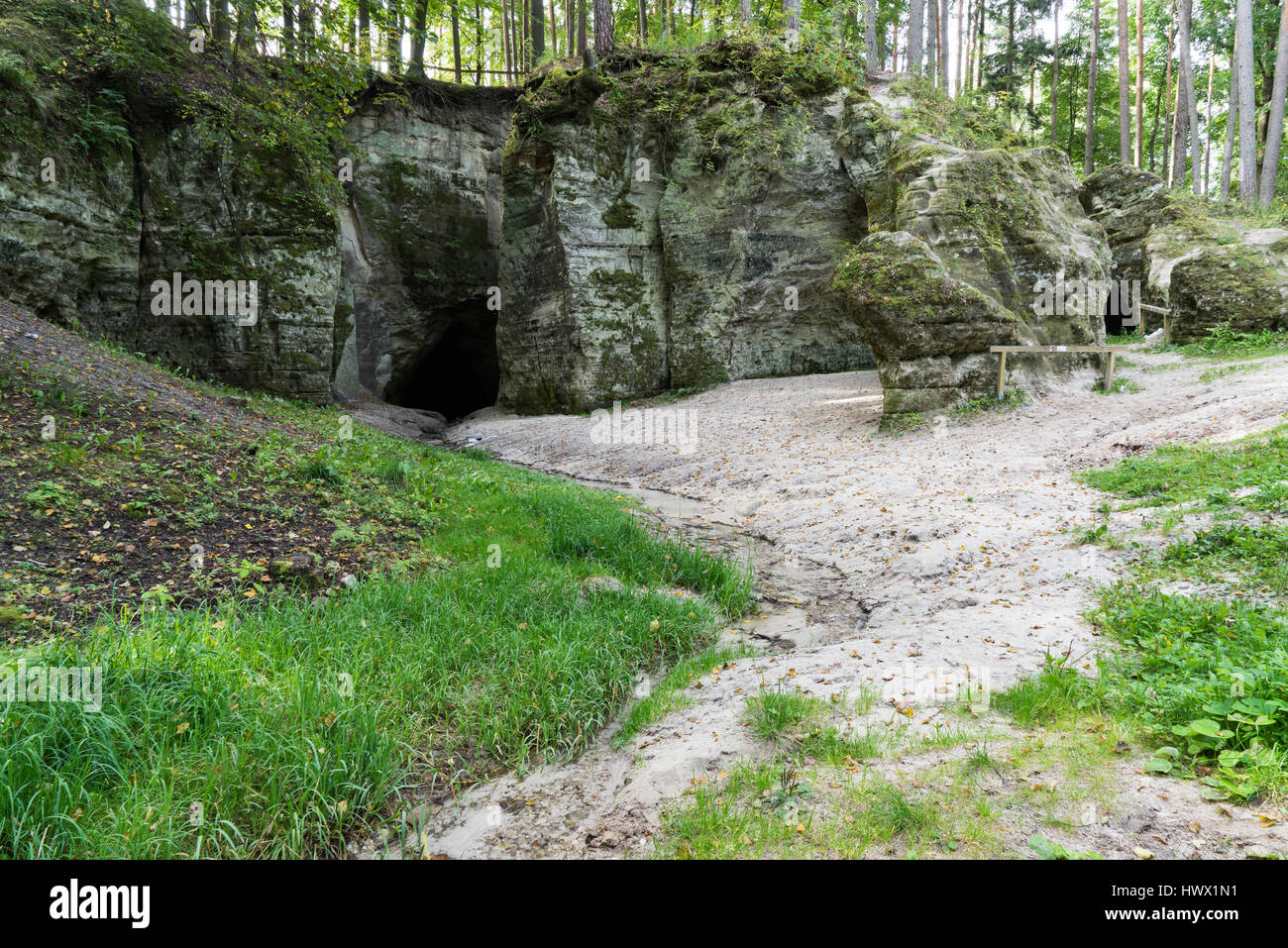 ancient sandstone cliffs with inscriptions in the Gaujas National Park ...