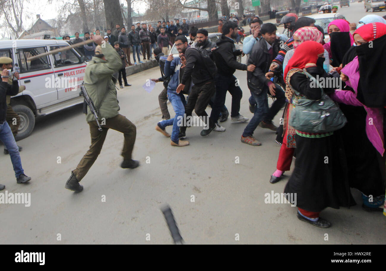 Srinagar, India. 23rd Mar, 2017. Police used batons, tear smoke shells ...