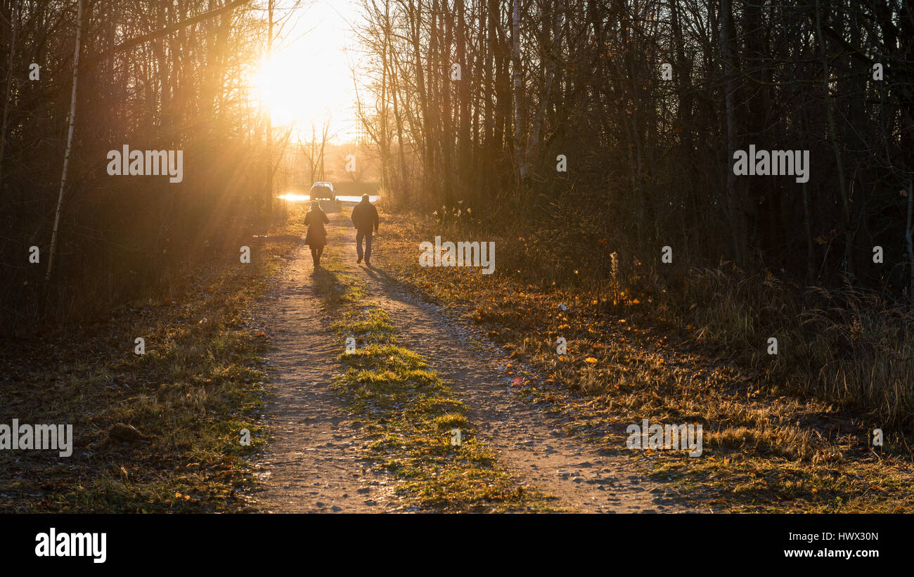 PEOPLE WALKING ON the road in the countryside with trees in surrounding ...