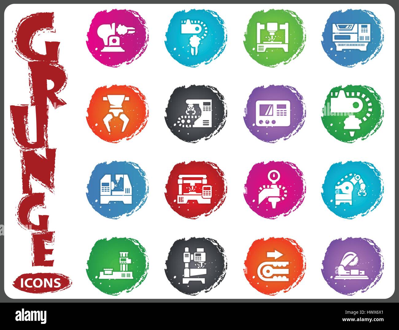 Vector machine tool icons set. Work and factory, production industrial ...