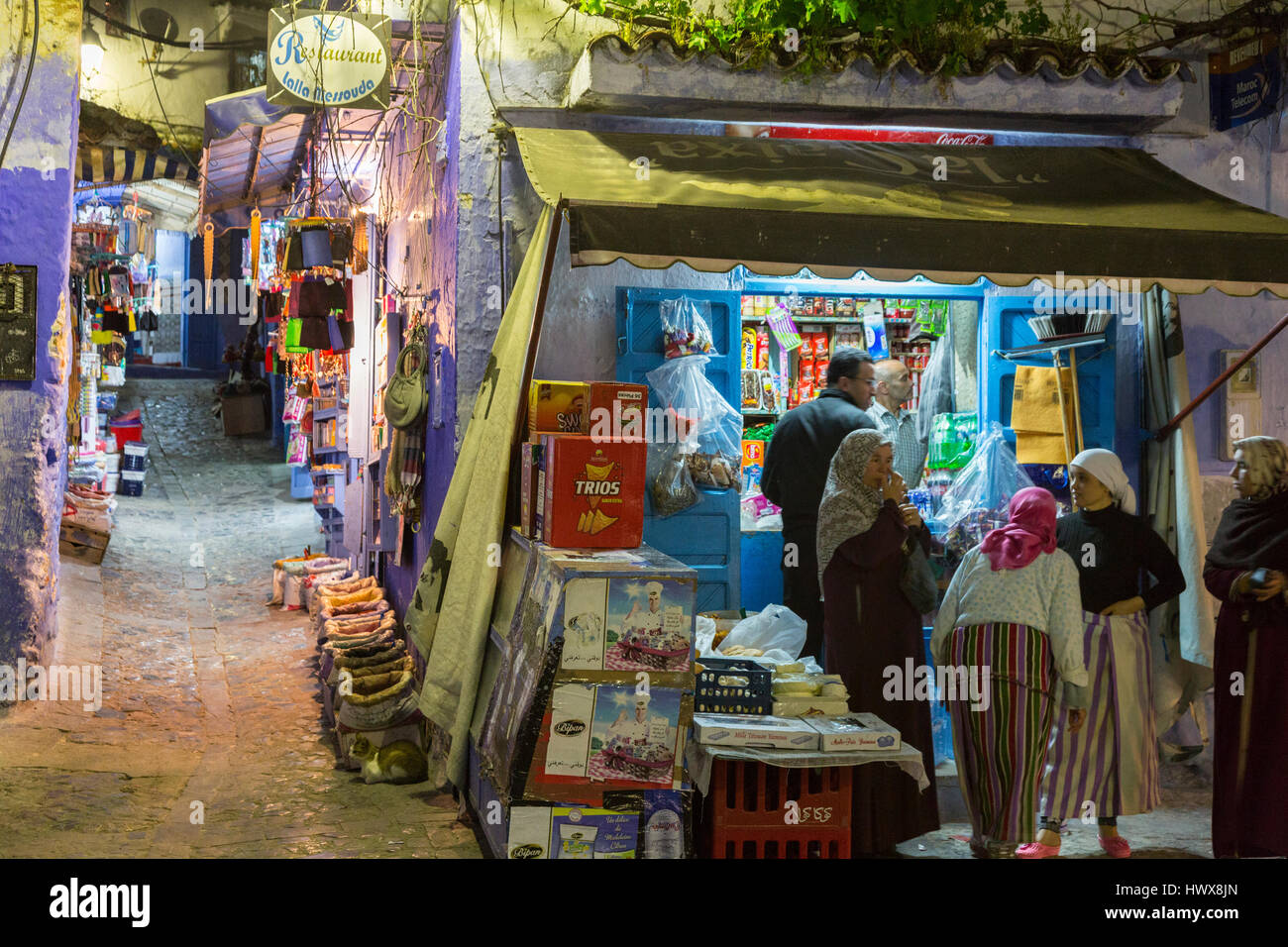 Chefchaouen, Morocco. Neighborhood Sundries Shop in the Medina at Night ...