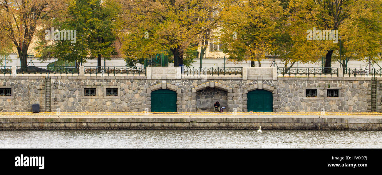 Stone wharf with pavement in Prague, Czechia Stock Photo - Alamy