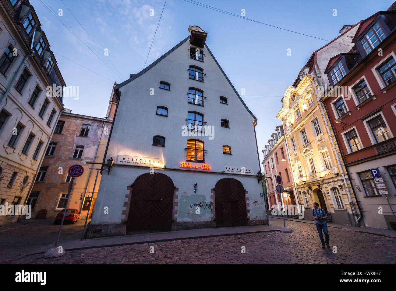 Peek a Boo restaurant on the Old Town of Riga, capital city of Republic ...
