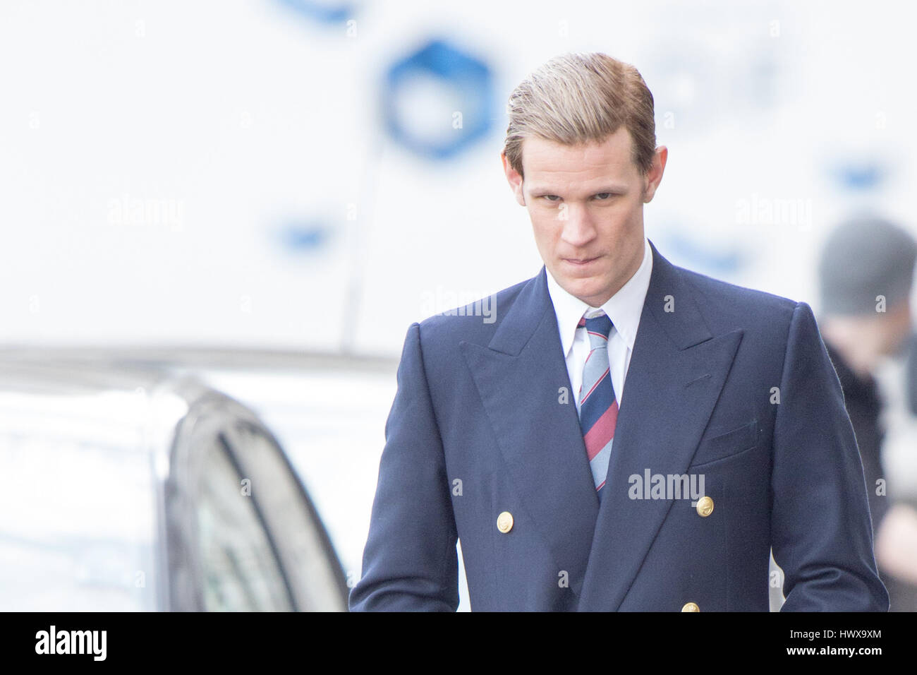 Matt Smith happy behinds the wheel of a car on set for the Crown ...
