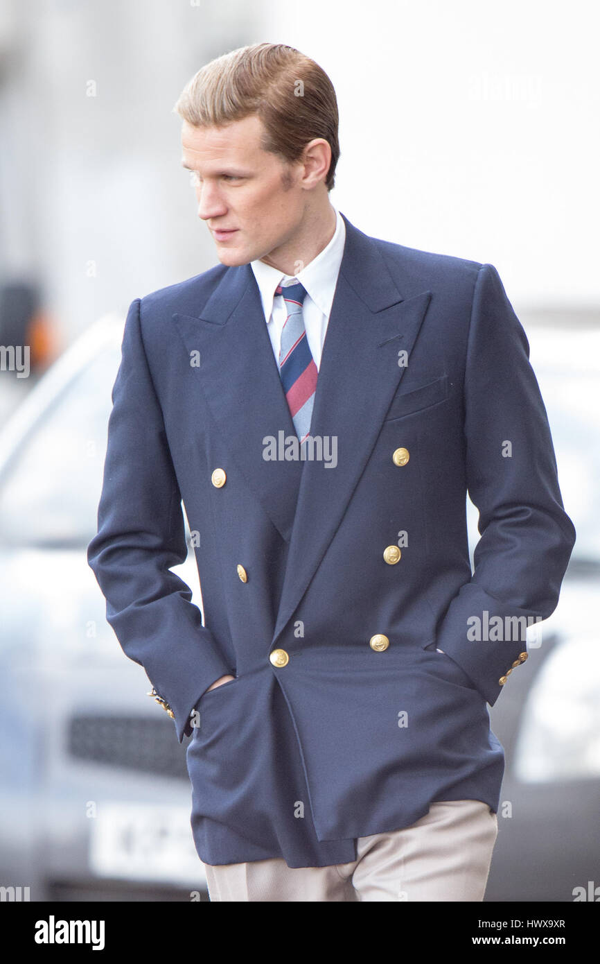 Matt Smith happy behinds the wheel of a car on set for the Crown ...