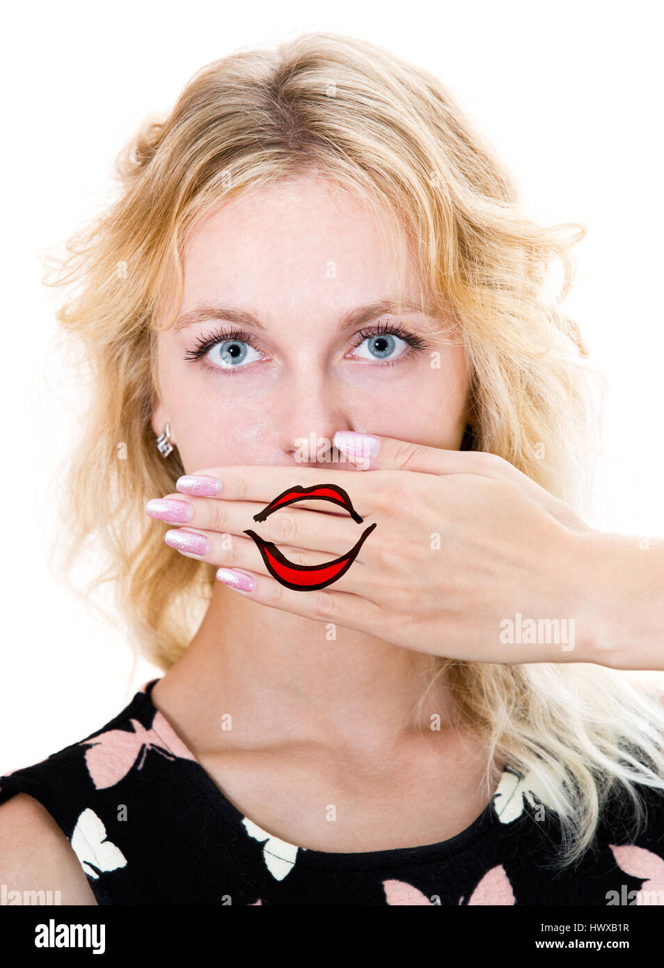 Girl cover her mouth with hand. Silence Stock Photo - Alamy