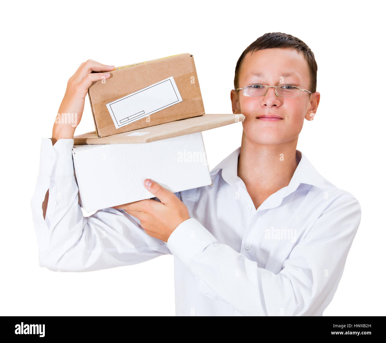Boy postman with a parcel on his shoulder Stock Photo - Alamy