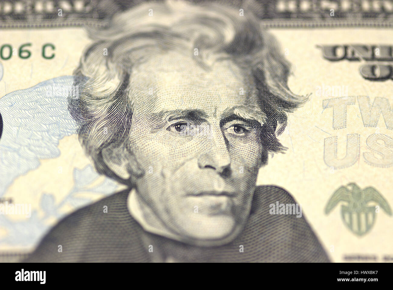 Andrew Jackson face on US twenty or 20 dollars bill macro, united ...