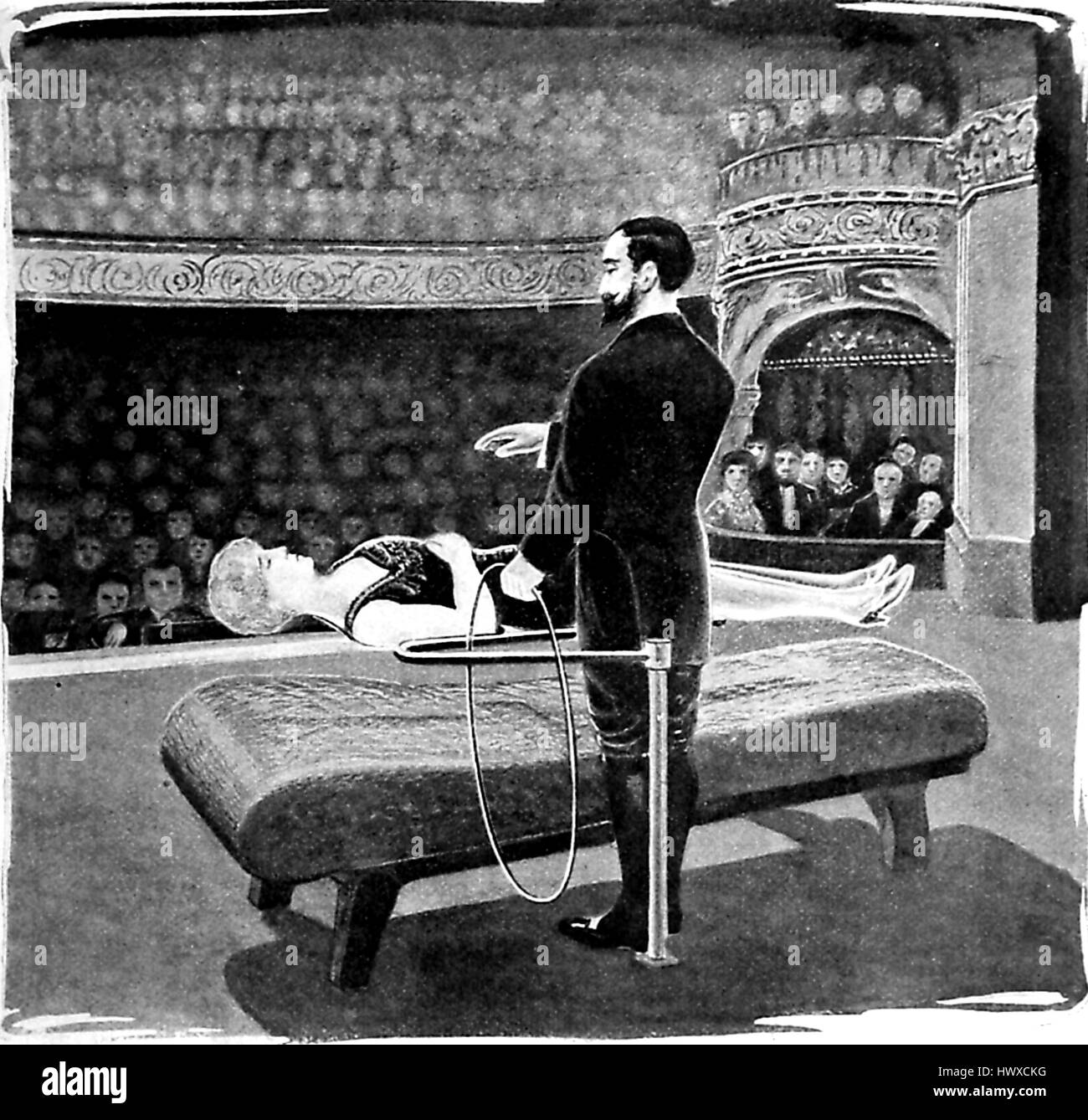 Illustration showing how a magician uses an electrical apparatus to ...