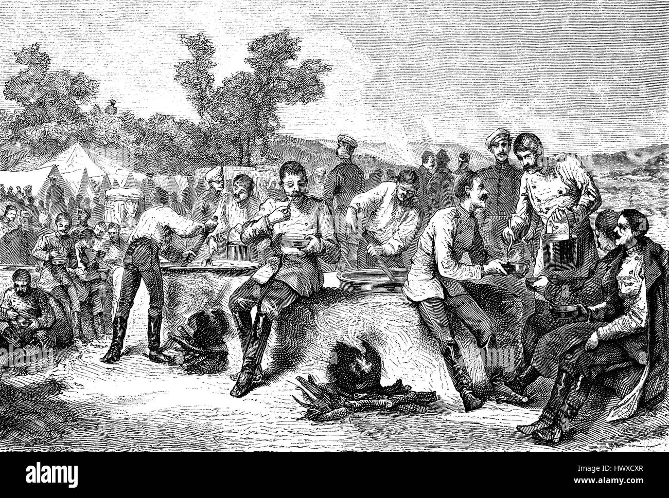 A camp of Russian hussars, Russia, reproduction of an image, woodcut ...