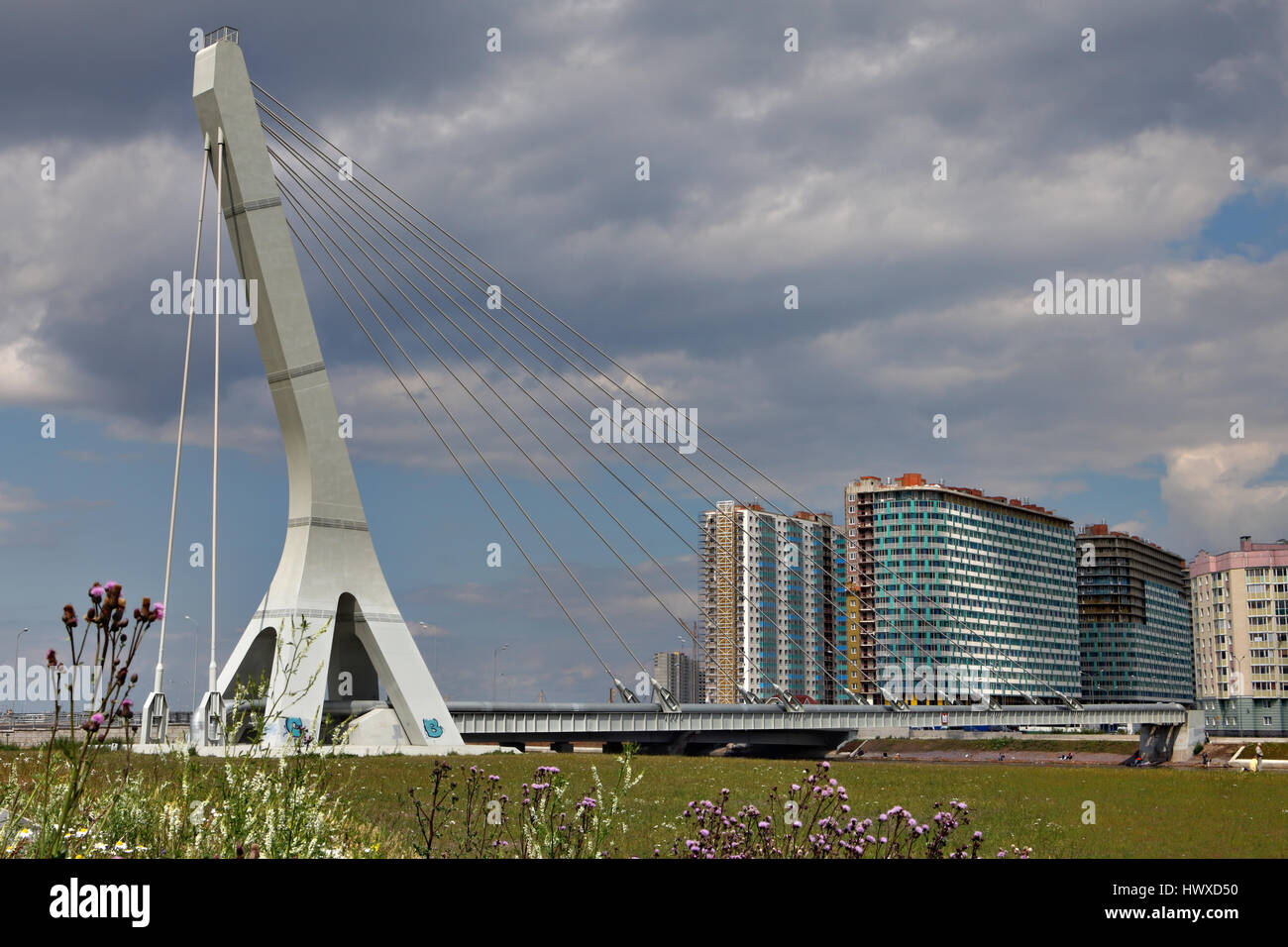 St. Petersburg, Russia - July 9, 2015: Single-span cable-stayed bridge ...