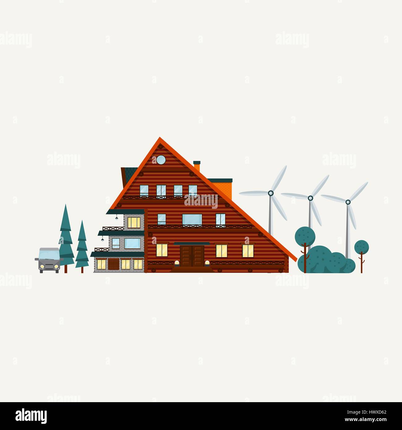 Wooden house and wind turbines . Vector Stock Vector Image & Art - Alamy
