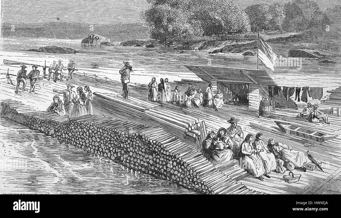 Wooden raft on the Danube River, Germany, reproduction of an image ...