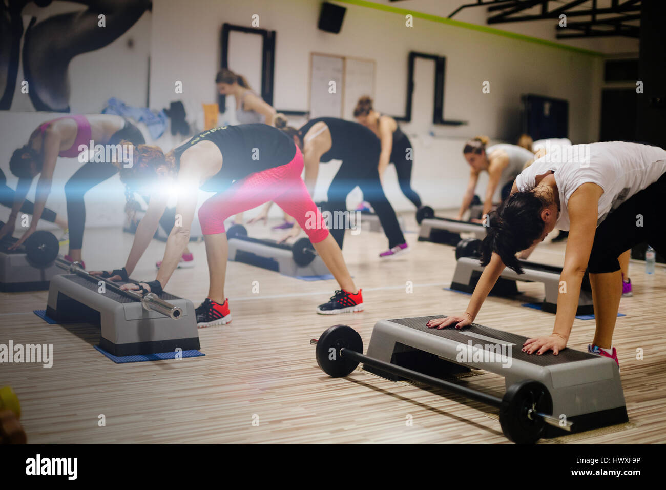 Step and Pump Fitness. Group fitness workout Stock Photo - Alamy
