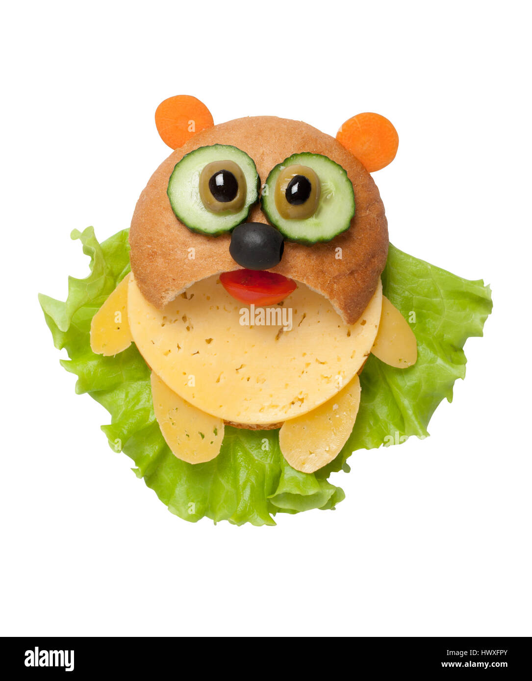Panda made of bread, cheese and vegetables on isolated background Stock ...