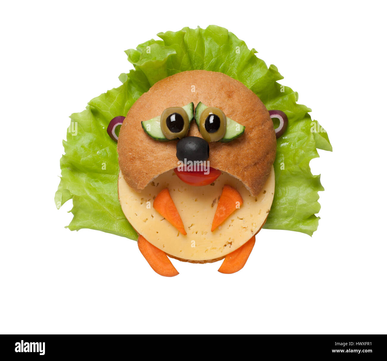Sad hamster made of bread and vegetables on isolated background Stock ...