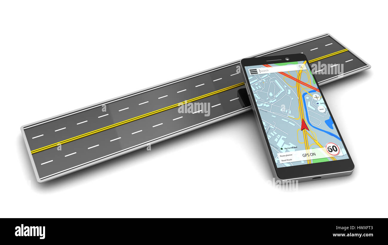 3d illustration of mobile phone with navigation software and asphalt ...
